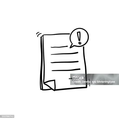 손으로 그린 문서 경고 또는 오류 알림 거품 벡터 아이콘 느낌표 메시지 또는 코멘트 기호와 낙서 만화 종이 텍스트 파일 콘텐츠 주의 또는 경고 주의 표시 문서에 대한 스톡