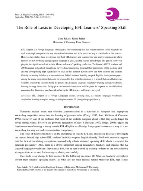 The Role Of Lexis In Developing Efl Learners Speaking Skill Pdf English As A Second Or
