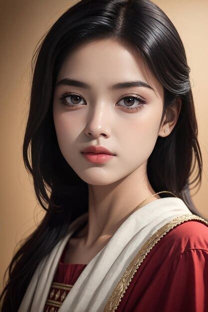 Premium Ai Image Portrait Of An Asian Girl With A Red Dot Looking At