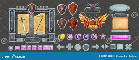 Stone Game Interface Vector Elements Set Medieval Rock Menu Frame Gray Boulder Button Winner