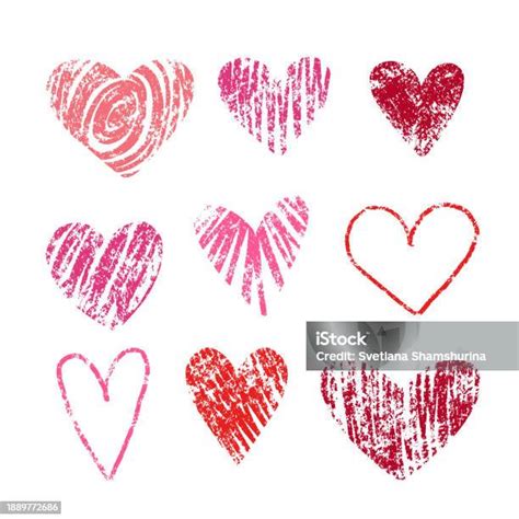 빨간색과 분홍색 하트가 그려진 크레용 아이콘 세트입니다 발렌타인 데이에 대 한 손으로 그린 질감의 손으로 그린 벡터 일러스트 0