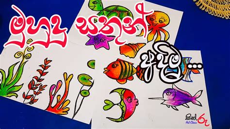 වෙරළේ අසිරිය චිත්‍ර මුහුදේ සිටින මාලුන් චිත්‍රයට නගමු කැස්බෑවා අදිමු Anucolours Art For