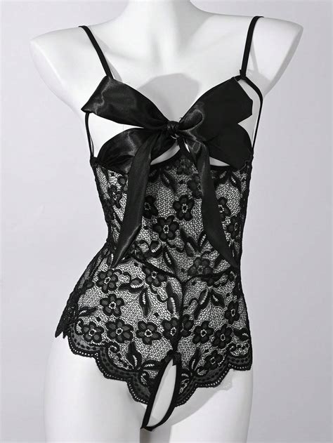 Sexy Lace Bow Knot Bodysuit With Hollow Out Design Sheer Material And