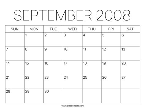 2008 Calendar September Printable Old Calendars