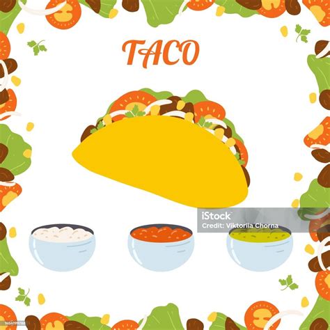 만화 플랫 스타일의 타코 멕시코 전통 음식 배너 전단지 포스터에 대 한 라틴 아메리카 요리의 손으로 그린 벡터 그림 개념에 대한 스톡 벡터 아트 및 기타 이미지 Istock