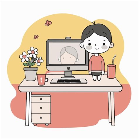 A Girl Sits At A Computer With A Computer On The Table Premium AI Generated Vector