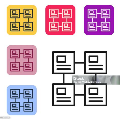 흑백 배경에서 격리된 블랙 라인 비즈니스 계층 구조 의 도노그램 차트 인포그래픽 아이콘 기업 조직 구조 그래픽 요소 색상 정사각형 단추로 아이콘을 설정합니다 벡터 개념에