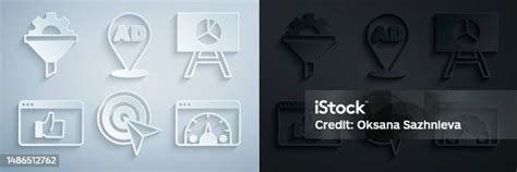 타겟 그래프 차트가 있는 보드 고객 제품 등급 웹사이트 통계 광고 및 판매 깔때기 톱니바퀴 아이콘을 설정합니다 벡터 3차원