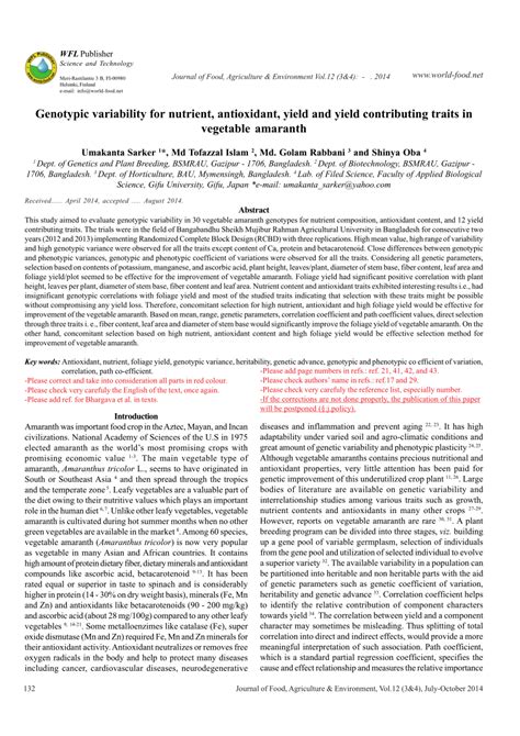 Pdf Genotypic Variability For Nutrient Antioxidant Yield And Yield