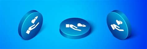 파란색 배경에 격리 된 손 아이콘의 등색 심장 손 주는 사랑의 상징 발렌타인 데이 기호 파란색 원 버튼입니다 벡터 3차원 형태에 대한 스톡 벡터 아트 및 기타 이미지