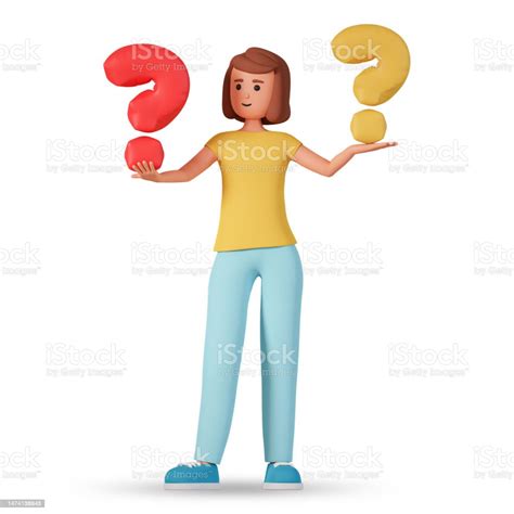 젊은 여성의 3d 그림은 두 개의 물음표를 들고 그 중 하나를 보고 있습니다 흰색 배경에 격리된 물음표 3d 그림을 보고 있는 여자 3차원 형태에 대한 스톡 사진 및 기타