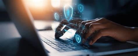 The Hands Typing On A Laptop With Digital Security Icons Representing Protectionai Generated