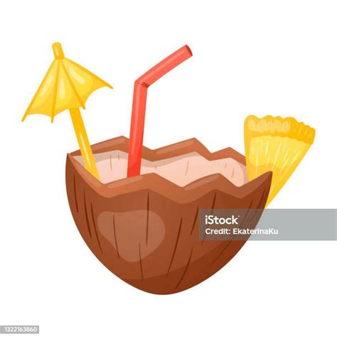 깨진 가장자리만화 여름 하프 코코넛 칵테일 아이콘 빨대 칵테일 우산 파인애플 슬라이스로 상쾌한 달콤한 음료를 즐기세요 바 레스토랑 또는 해변을위한 코코넛 워터 아이콘 0명에