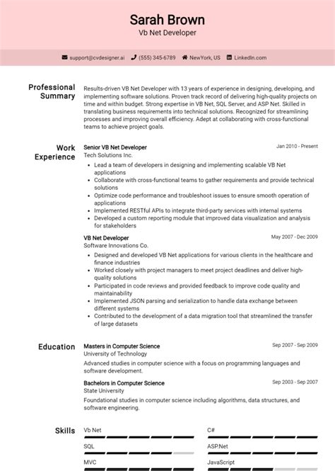 Vb Net Developer Resume Example For 2024 Expert Tips CVDesigner Ai