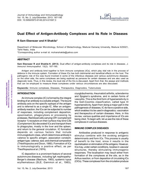 Pdf Dual Effect Of Antigen Antibody Complexes And Its Role In Diseases