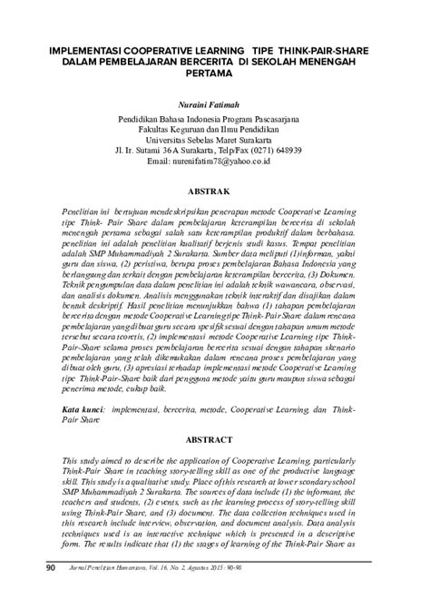 Pdf Implementasi Cooperative Learning Tipe Think Pair Share Dalam Pembelajaran Bercerita Di