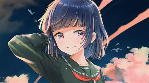 Обои обои аниме девушка школьной формы улыбается живописный короткие волосы 1600x900 от Bradeya