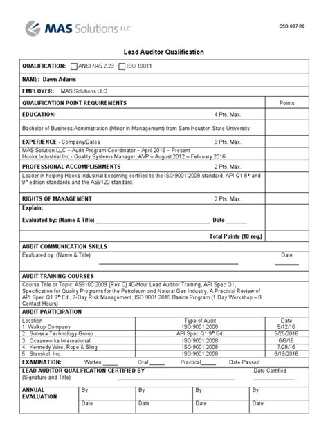 Dawn Adams Auditor Qualification And Certification Pdf Iso 9000 Audit