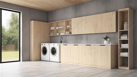 3d 렌더링 아름답게 디자인된 콘크리트 벽과 목재 세탁실 세탁실 배경 내부 배경 벽 디자인 배경 이미지 Hd 세탁실 내부 벽 디자인 배경 사진 무료 다운로드