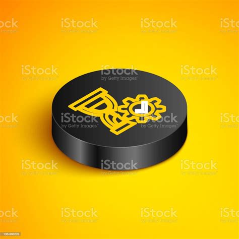 노란색 배경에 격리 된 등색 라인 모래 시계 및 기어 아이콘 시간 관리 기호입니다 시계 및 기어 아이콘 생산성 기호 검은 색 원 버튼 벡터 3차원 형태에 대한 스톡 벡터