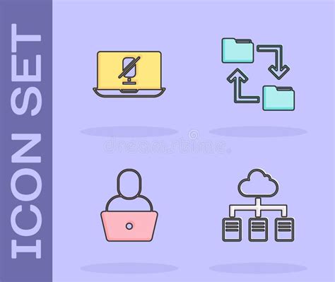 Set Online Working Mute Microphone On Laptop Freelancer And Cloud Storage Document Folder Icon