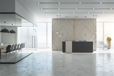 리셉션 데스크와 회의 테이블이 있는 편안한 사무실 홀 프리미엄 사진