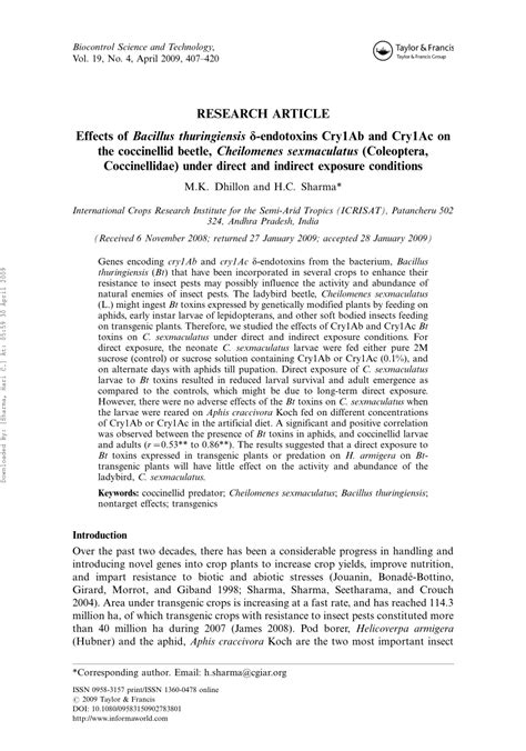 Pdf Effects Of Bacillus Thuringiensis Endotoxins Cry1ab And Cry1ac