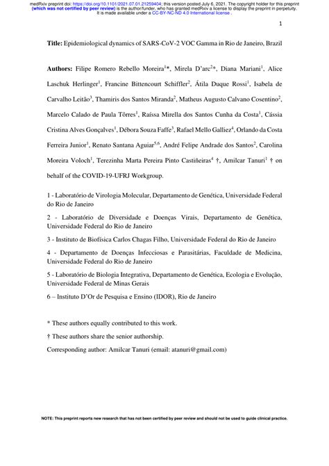Pdf Title Epidemiological Dynamics Of Sars Cov 2 Voc Gamma In Rio De