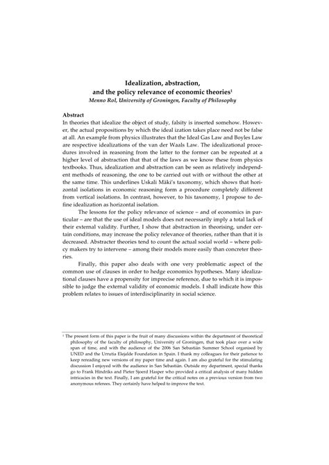Pdf Idealization Abstraction And The Policy Relevance Of Economic Theories