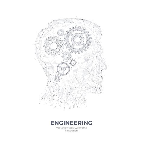 헤드 디지털 로우 폴리 핸드 드로잉 엔지니어링 기계 기술의 3d 기어 프리미엄 벡터
