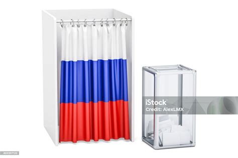 러시아 선거 개념 투표 용지 상자와 러시아의 국기와 함께 투표 부스 3d 렌더링 3차원 형태에 대한 스톡 사진 및 기타 이미지 3차원 형태 Political Party