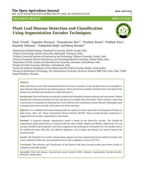 Pdf Plant Leaf Disease Detection And Classification Using Segmentation Encoder Techniques