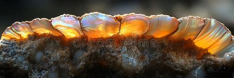 A Close Up Of Iridescent Shells Attached To A Rough Surface With Light Shining Through Them