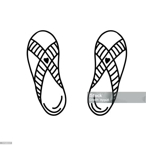 손으로 그린 낙서 스타일의 해변 슬리퍼 샌들 인사말 카드 어린이 색칠 공부 책 및 계절 디자인 흰색 배경에 고립된 벡터