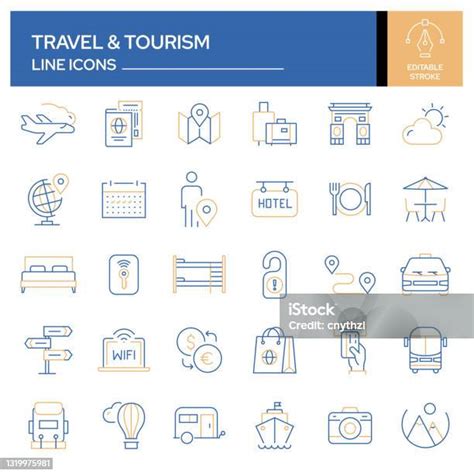 여행 및 관광 관련 라인 아이콘 세트 윤곽 선자 모음 편집 가능한 스트로크 도시에 대한 스톡 벡터 아트 및 기타 이미지 도시 디자인 요소 아이콘 Istock