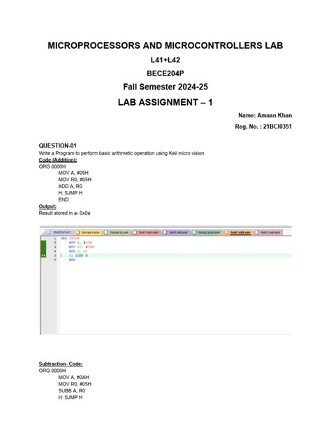Microprocessors And Microcontrollers Lab 1 21bci0351 Amaan Khan Pdf