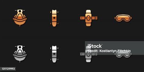 제트 스키 롱보드 또는 스케이트보드 무릎 패드 스키 고글 아이콘을 설정합니다 벡터 겨울에 대한 스톡 벡터 아트 및 기타 이미지 겨울 금 금속 금색 Istock