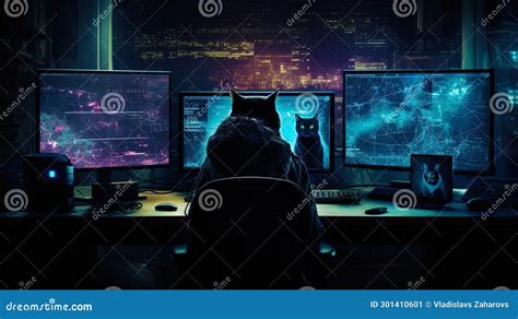 Cat Hacker With Three Monitors Hacking Complex Software Systems Stock