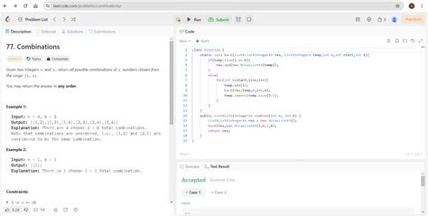 Completed Problem 77 Combinations On Leetcode Sherin Mithushiya Paul Posted On The Topic