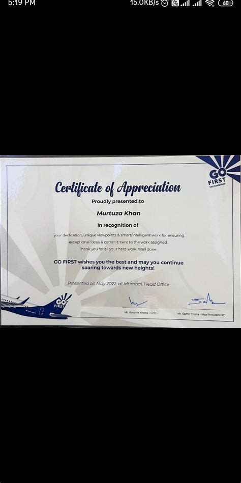 Murtuza Khan On Linkedin Go First Thank You For This Award Certificate Of Appreciation It Is