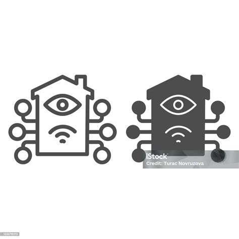 인공 지능 집 및 네트워크 라인과 솔리드 아이콘 스마트 홈 기호 원격 제어 및 로봇 기술 하우스 벡터 기호 흰색 배경에 눈과 연결 아이콘 건물 10에 대한 스톡 벡터 아트