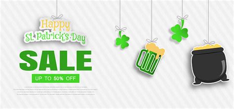 해피 세인트 패트릭 데이 세일 라인 패턴 텍스트 마법의 냄비 맥주 머그잔 종이에서 잘라 문자열에 매달려 클로버 잎 그라데이션 회색 배경에 와이드 벡터 포스터 17에 대한