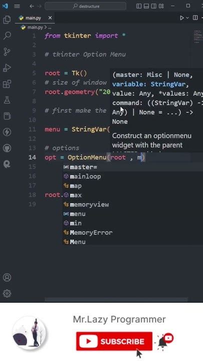 Options Menu In Tkinter Python Python Mrlazyprogrammer Mr Shorts Youtube