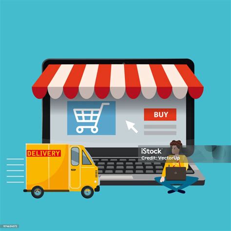 벡터 일러스트 레이 션 컴퓨터와 함께 앉아 젊은이 구입의 화면 및 온라인 상점 개념 제품의 납품을 통해 상품의 배달 노트북을