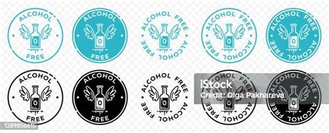 플랫 리니어 디자인 제품 포장을 위한 마킹 아이콘 집합입니다 스탬프는 알코올이 없습니다 식품 알코올 무료 인증서 날개가 달린 병 정보 레이블입니다 벡터 그림입니다 0명에
