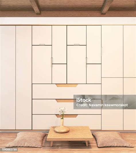 현대 벽 옷장 나무 일본 스타일과 소파 안락 의자 나무 빈 방 최소한의 인테리어3d 렌더링 0명에 대한 스톡 사진 및 기타