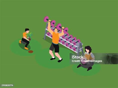 활동적인 라이프 스타일과 야외 취미 피트니스 정원 가꾸기 독서 3d 아이소 메트릭 벡터 일러스트 레이 션 Mental Wellbeing에 대한 스톡 벡터 아트 및 기타