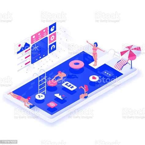 플랫 컬러 모던 아이소메트릭 일러스트 디자인 소셜 미디어 컨셉 3차원 형태에 대한 스톡 벡터 아트 및 기타 이미지 3차원 형태 개념 개념과 주제 Istock