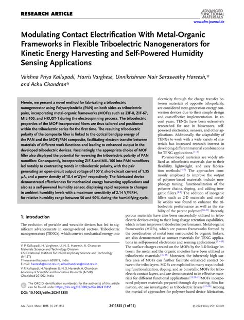 Modulating Contact Electrification With Metal‐organic Frameworks In Flexible Triboelectric