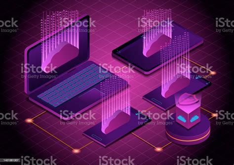 Isometric 3d Illustration Cloud Technology Workits Upload Data To Cloud Computing Stock